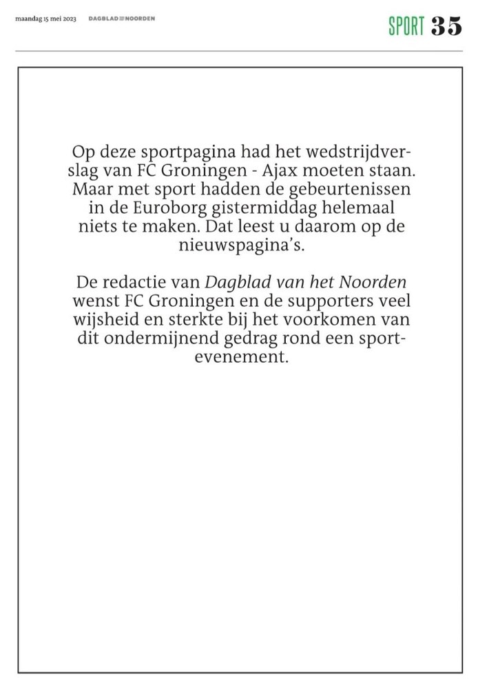 Dagblad van het Noorden weigert wedstrijdverslag FC Groningen te plaatsen: ‘Met sport niets te ...