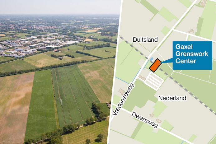 Groot bedrijfsgebouw óp de grens met Duitse en Nederlande ondernemers ...