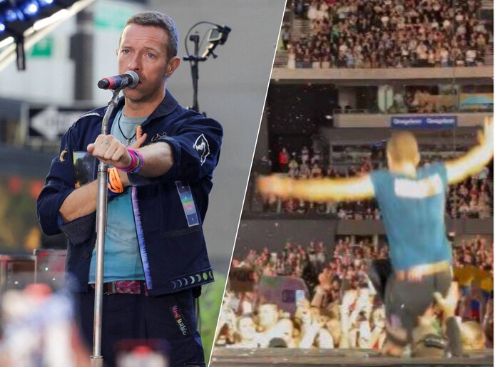 Coldplay-zanger Chris Martin valt tijdens concert door luik in podium ...