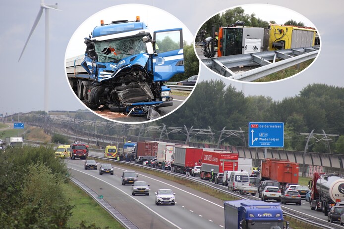 Twee gewonden bij botsing vrachtwagens op A15: langsrijdende truck ramt ...