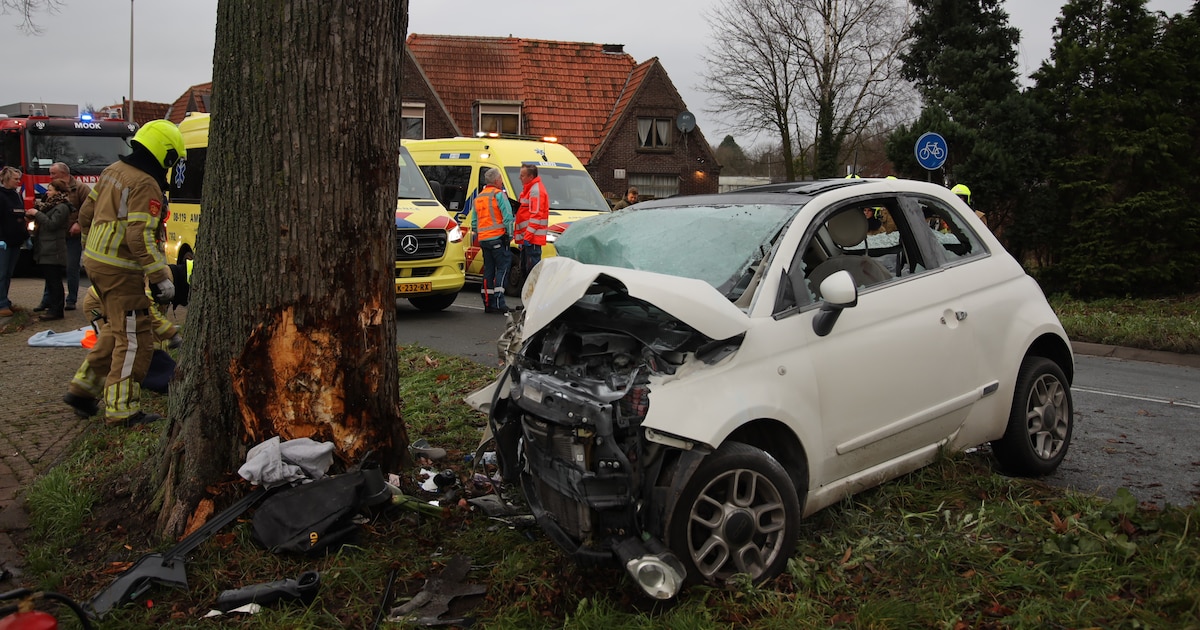 Kind ernstig gewond doordat auto frontaal tegen boom knalt, brandweer moet inzittenden bevrijden ...
