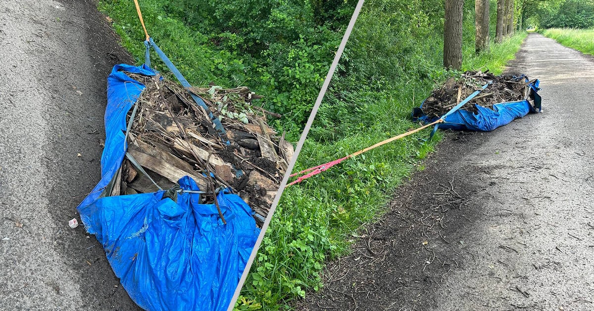 Afvaldumper bindt lading vast aan boom en rijdt weg in buitengebied van ...