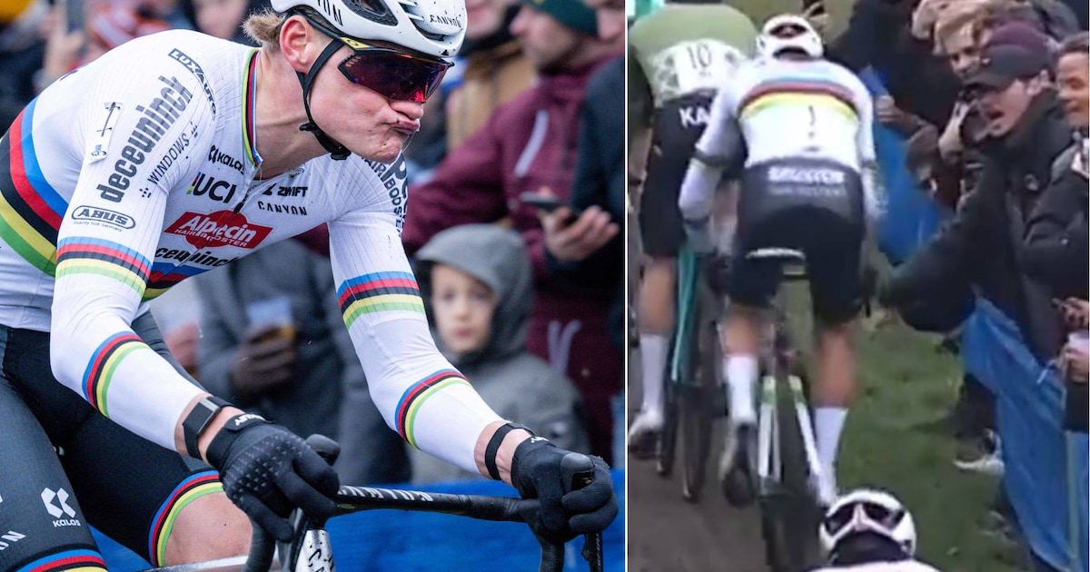 Mathieu van der Poel bijna van fiets getikt door toeschouwer, man ...