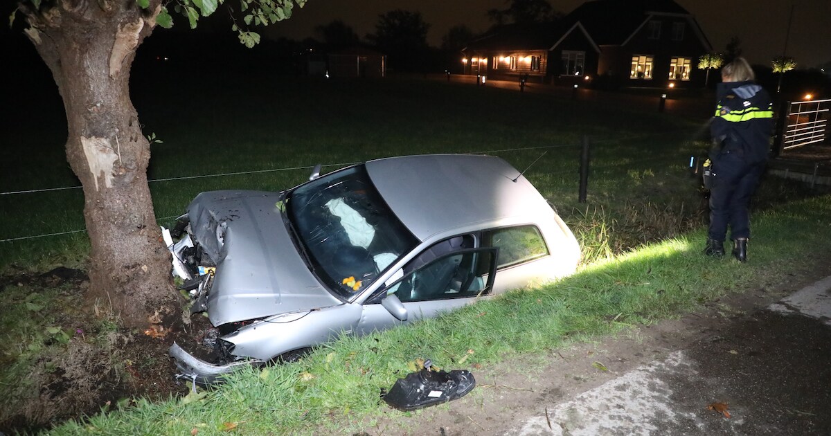 Auto belandt in greppel en knalt tegen boom, waarna bestuurder vlucht ...